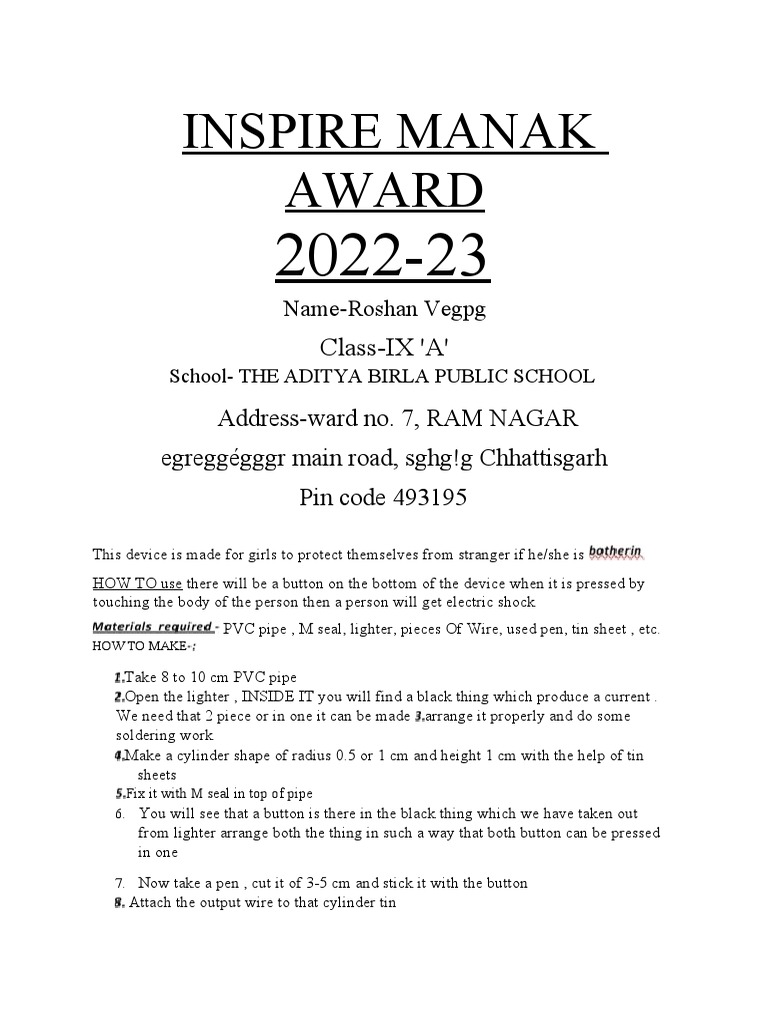 Inspire Manak Award: Class-IX 'A' | PDF