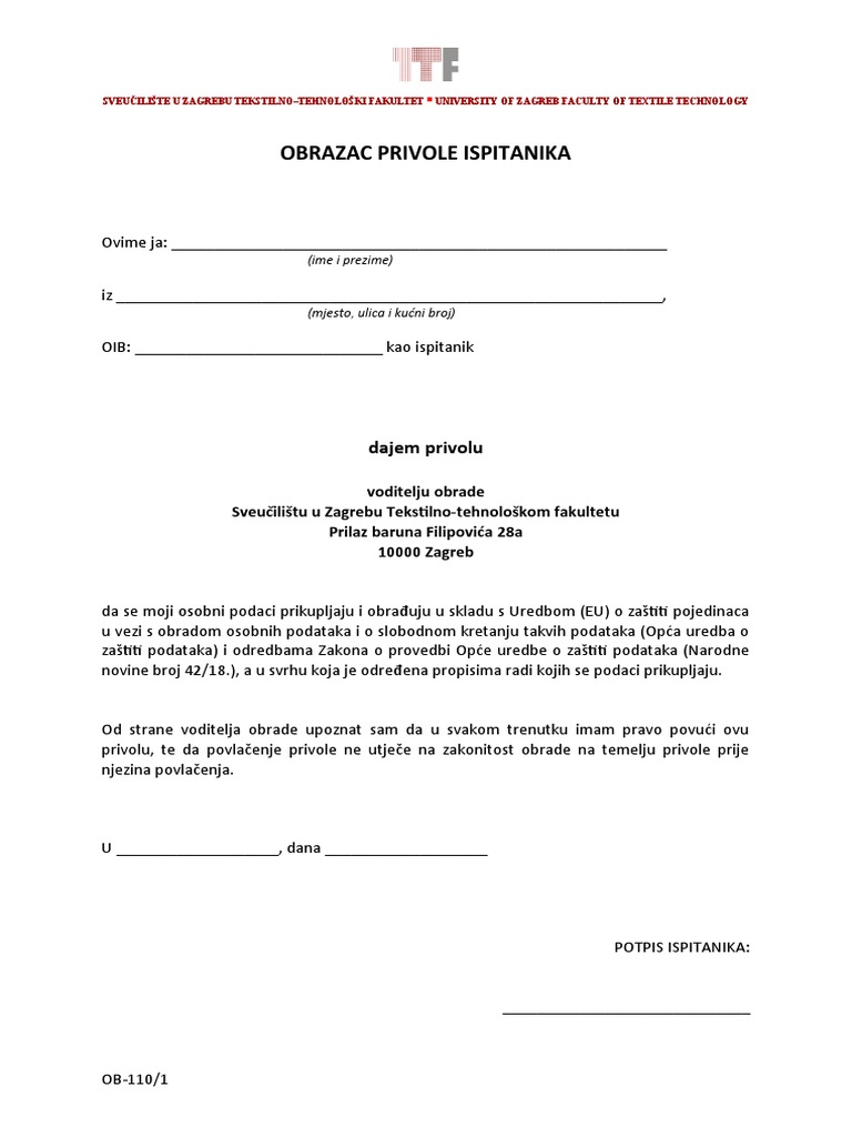 Ob 110 1 Privola Ispitanika GDPR 2 | PDF