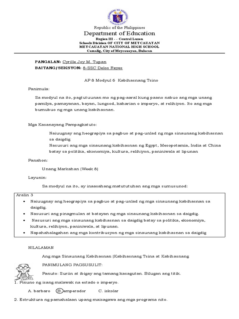 AP8 Q1 Module 6 Kabihasnang TSINO | PDF