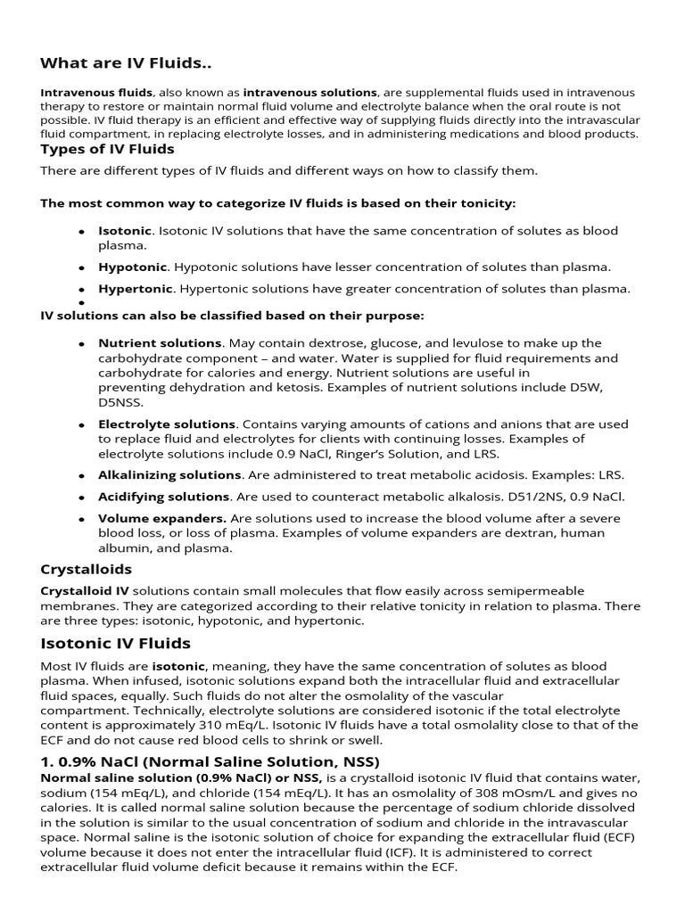 Different Types of IV Fluids | PDF | Saline (Medicine) | Intravenous Therapy