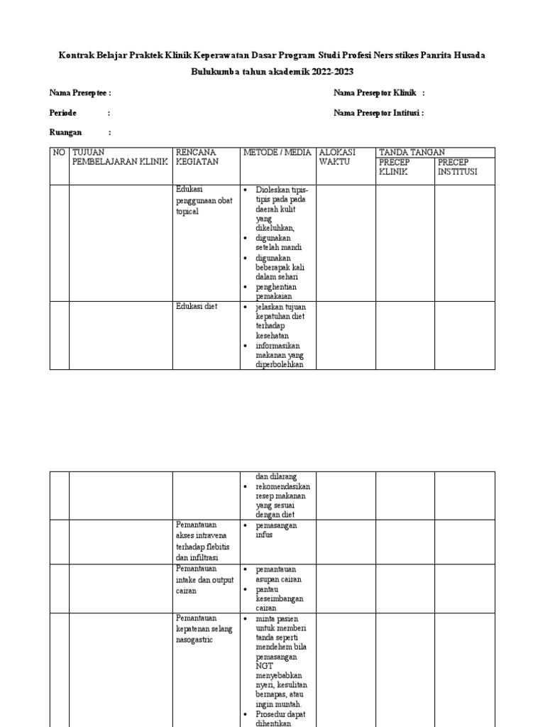 Kontrak Belajar Praktek Klinik Keperawatan Dasar Program Studi Profesi Ners Stikes Panrita ...