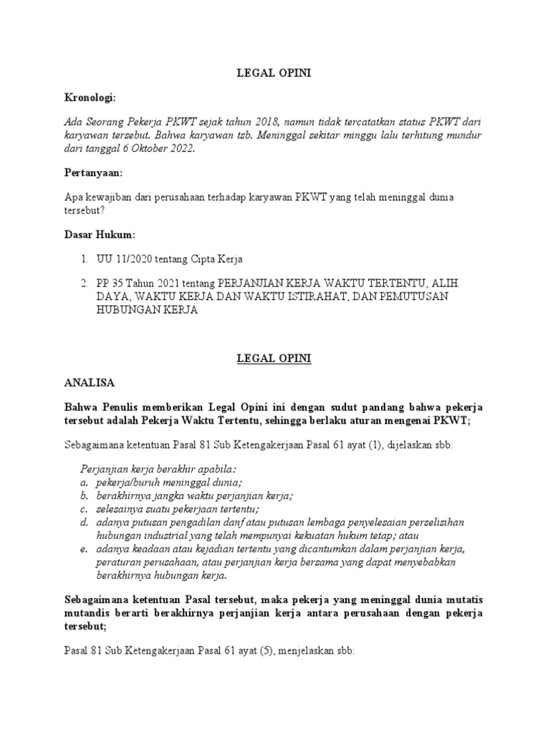 Legal Opini Hak Pekerja PKWT Yang Meninggal Dunia | PDF