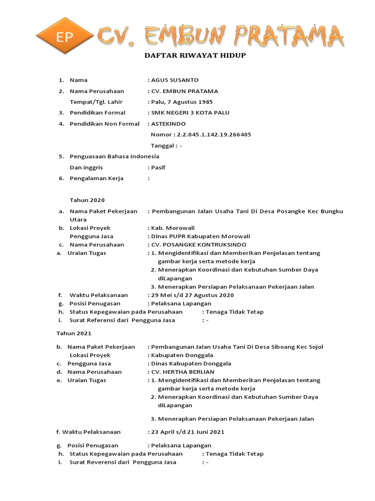 Daftar Riwayat Hidup Cv. Embun Pratama Ds Mbelang | PDF