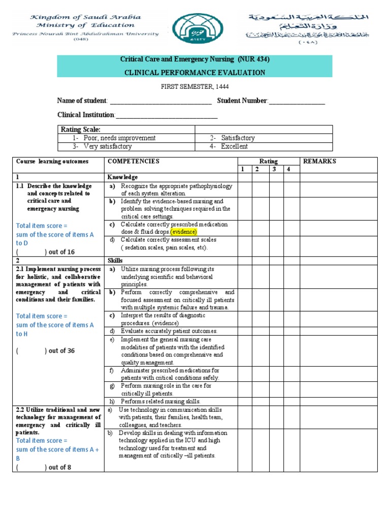 Critical Care Nursing Course Evaluation Sheet Last Modified | Download ...