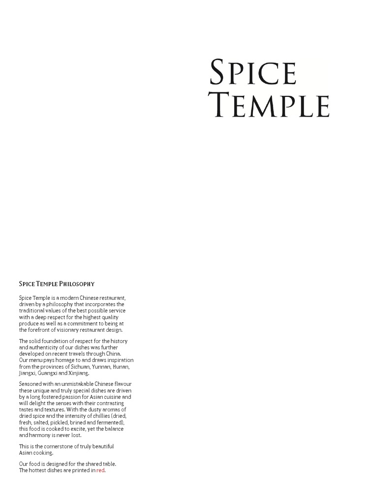 Spice Temple Menu and Philosophy Overview | PDF | Pickling | Stir Frying