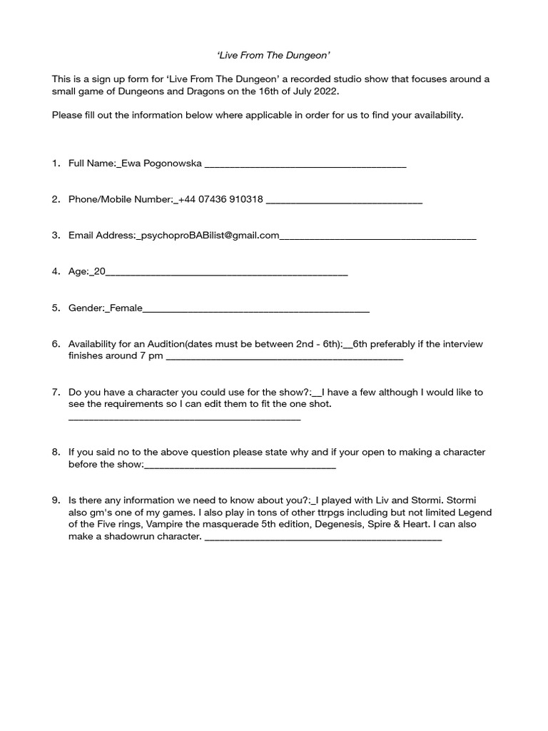 Live From The Dungeon Sign Up Form | PDF