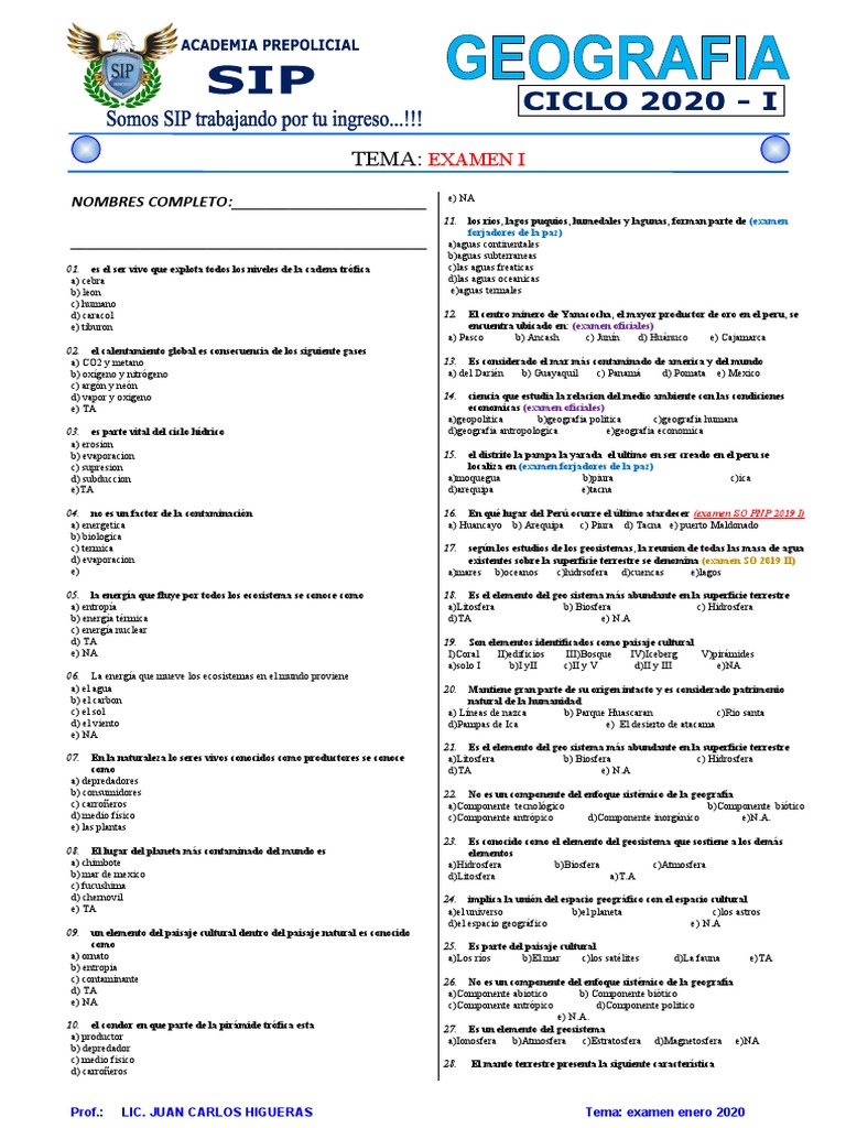 Examen de Geografía: Preguntas sobre Componentes del Geosistema ...