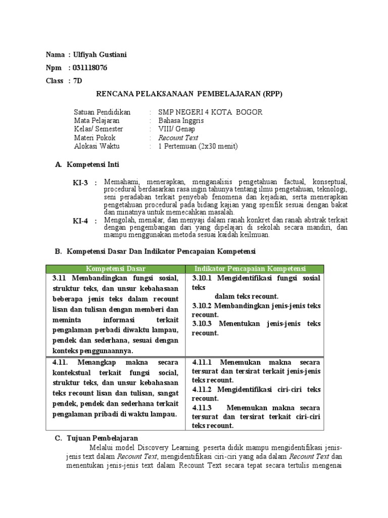 RPP Recount Teks Ulfiyah | PDF