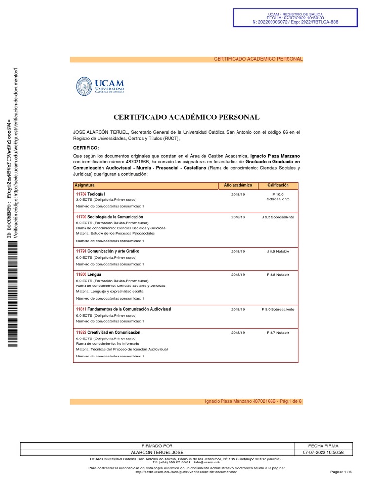 Certificado Académico Del Alumno 48702166B | PDF