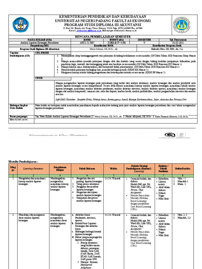 Silabus RPS Jan - Jun 2021 - Analisis Laporan Keuangan Perusahaan - D3 ...