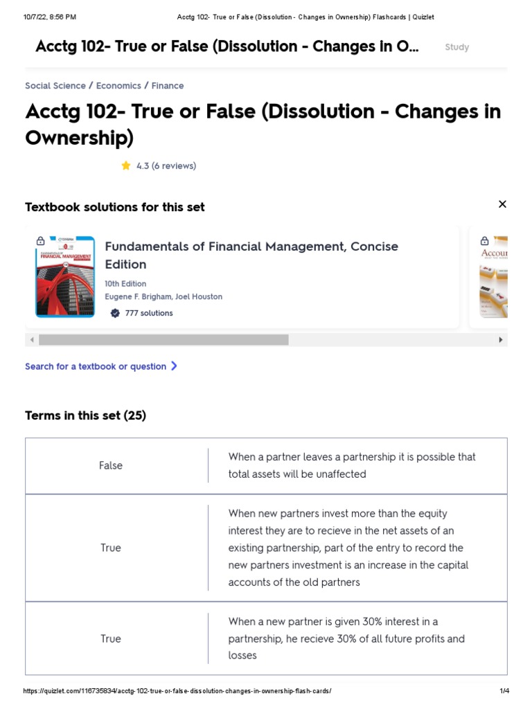 Acctg 102 - True or False (Dissolution - Changes in Ownership ...