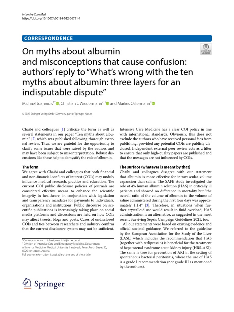 10 Myths About Albumin - Reply - ICM (2022) | PDF | Sepsis | Health Care