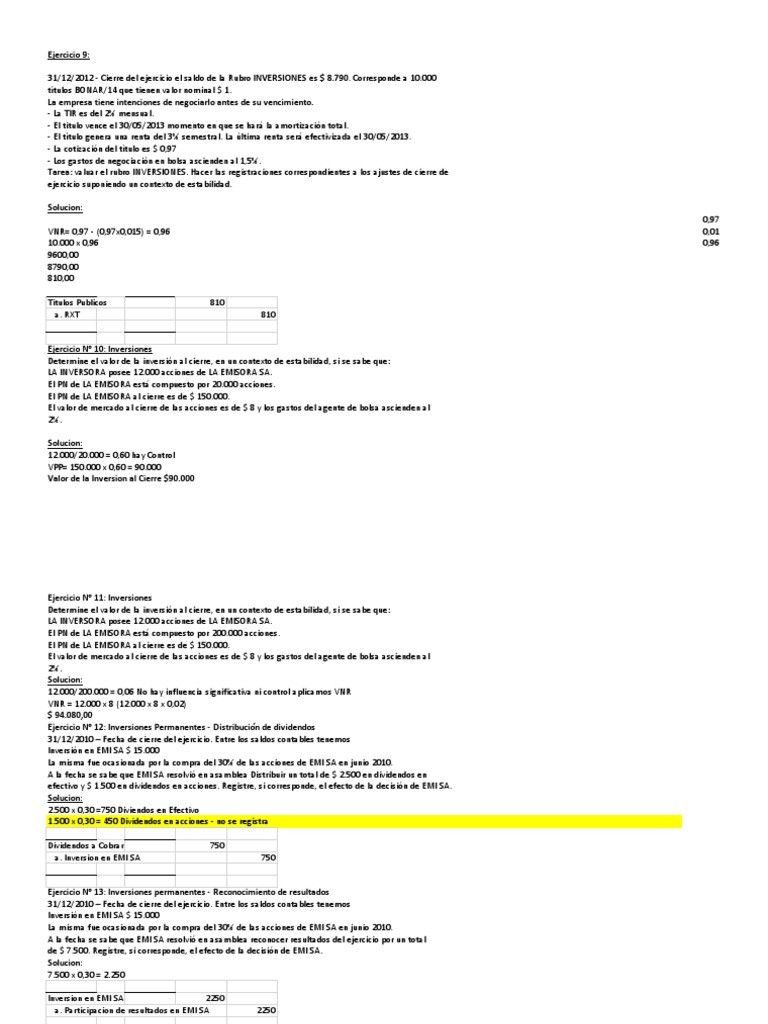 Solucion Ej Inversiones 9 A 15 | PDF | Compartir (Finanzas) | Dividendo