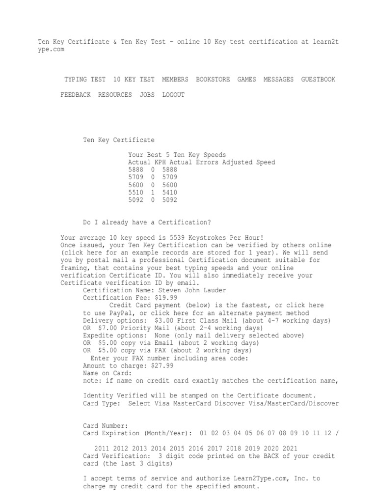 Ten Key Certificate & Ten Key Test - Online 10 Key Test Certification ...
