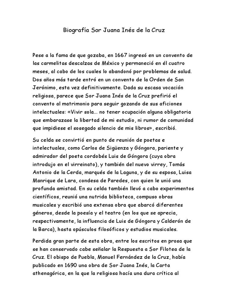 Biografía Sor Juana Inés de La Cruz | PDF