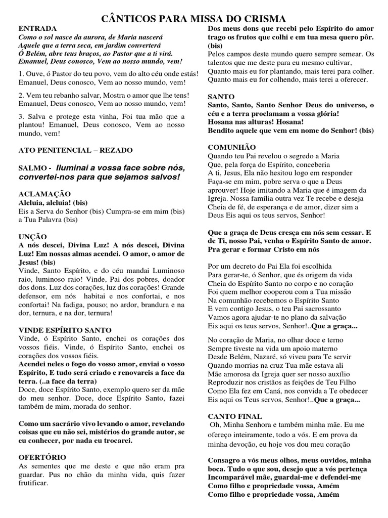 Cânticos para Missa de Crisma | PDF | Espírito Santo (religião) | Amor