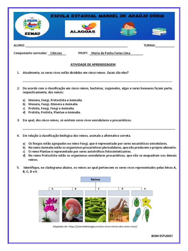Atividades sobre os 5 Reinos dos Seres Vivos | PDF
