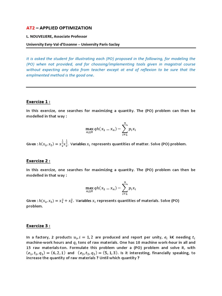 Applied Optimization Exercises at Evry | PDF