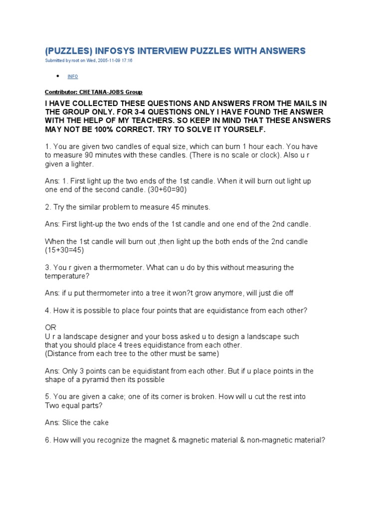 (Puzzles) Infosys Interview Puzzles With Answers: Contributor: CHETANA ...