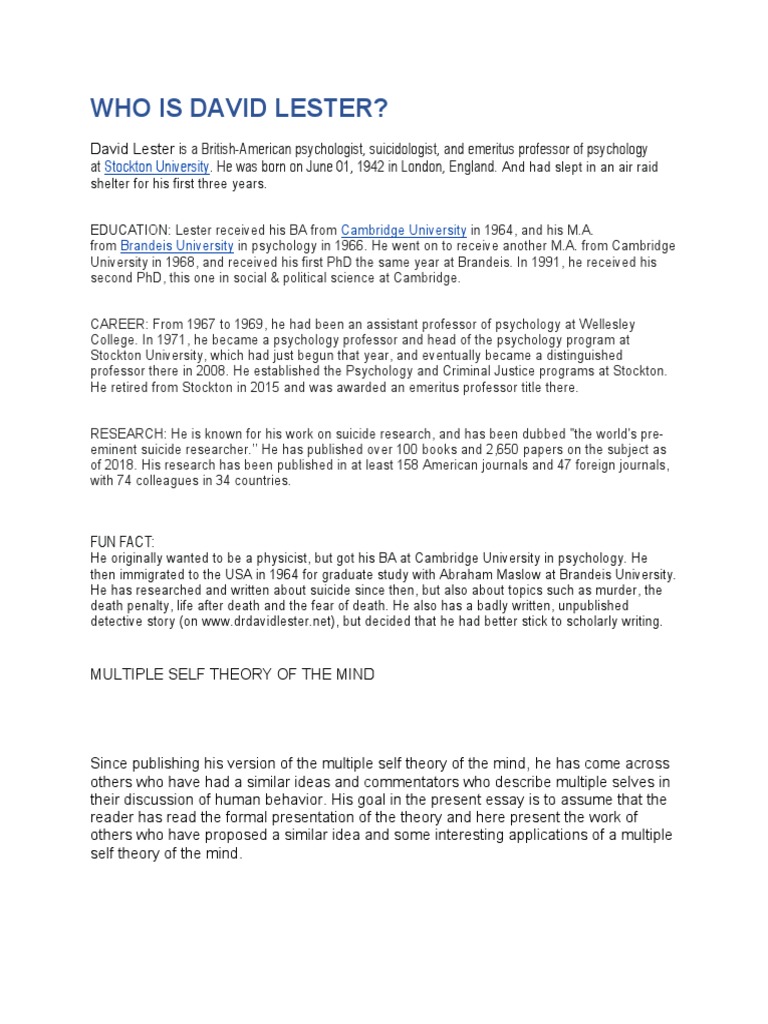 Lester, David | PDF | Self | Mind