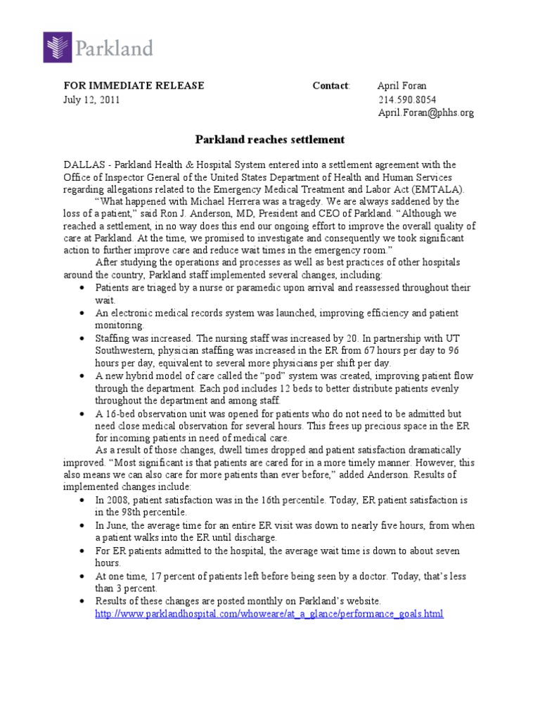 Parkland Statement | Patient | Emergency Department
