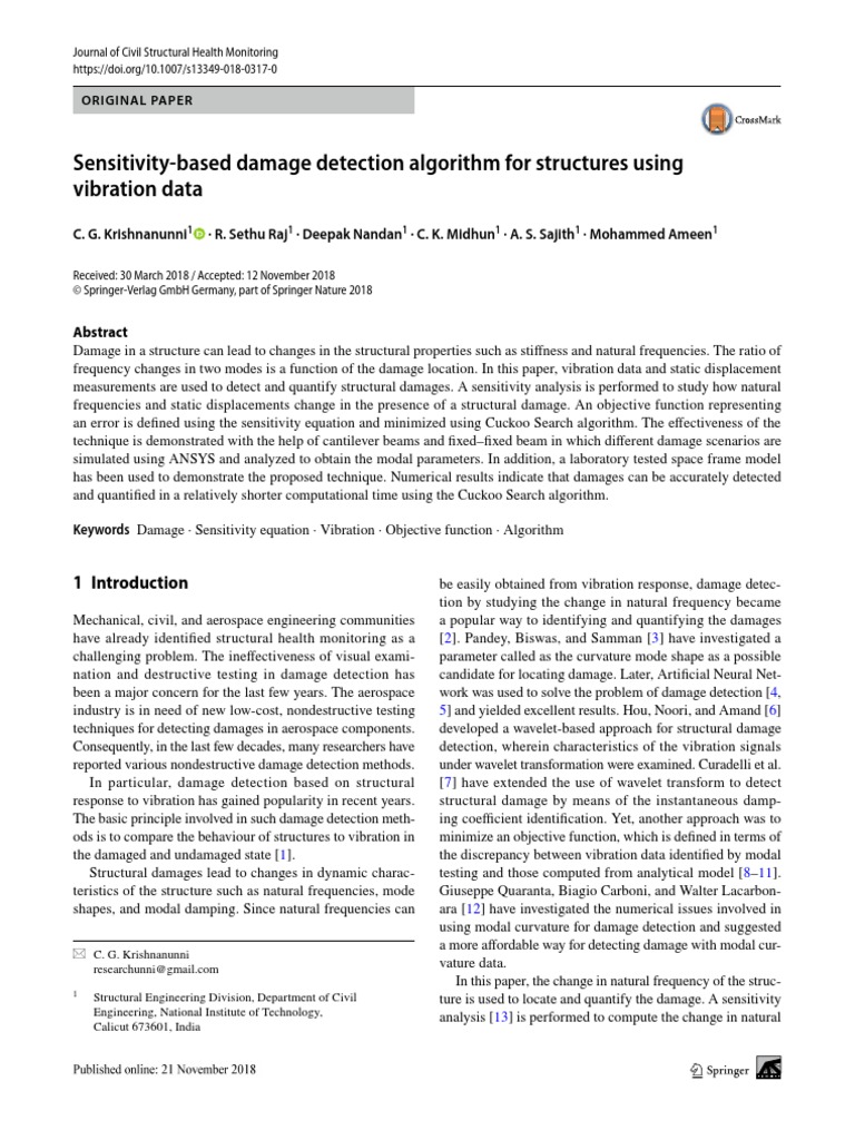 Sensitivity Based Damage Detection Algorithm For Structures Using Vibration Data | PDF ...