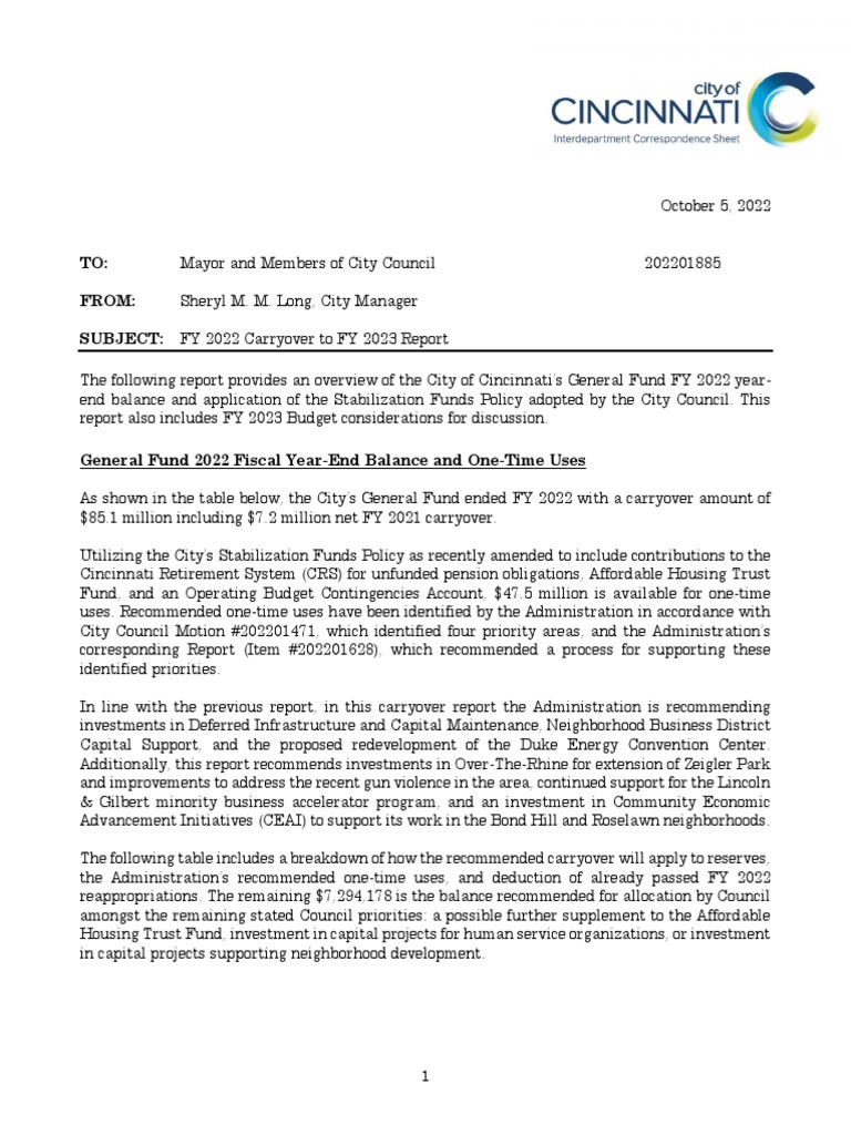 FY22 Carryover Budget: CM and Mayor Recommendations | PDF