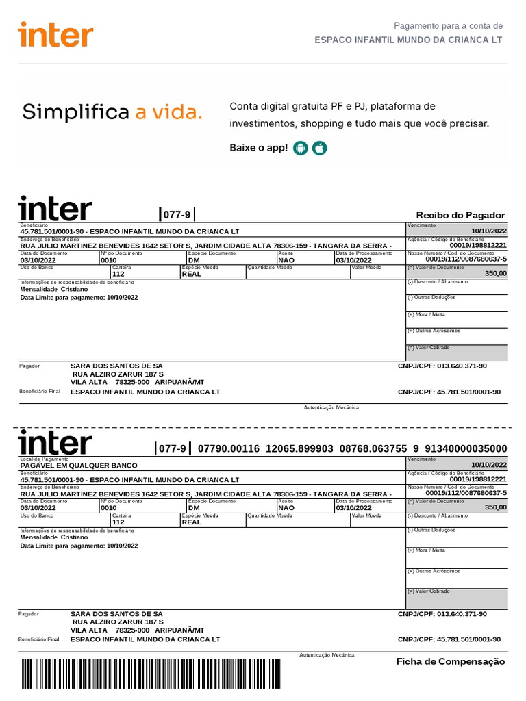 Recibo de pagamento de mensalidade escolar | PDF | Mercado de câmbio ...