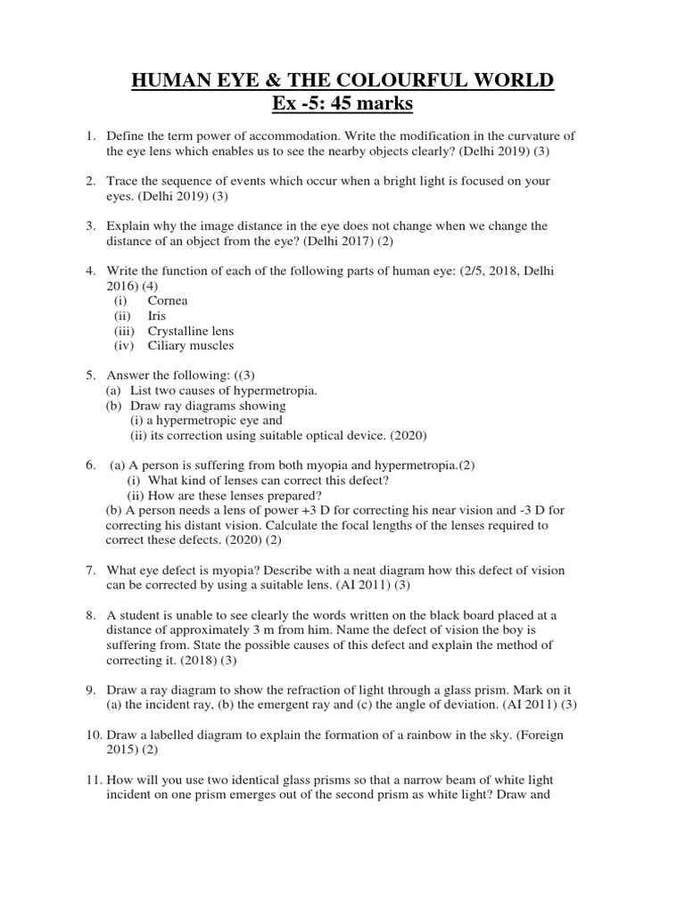 Ex-5 Human Eye & Colourful World | PDF | Eye | Human Eye