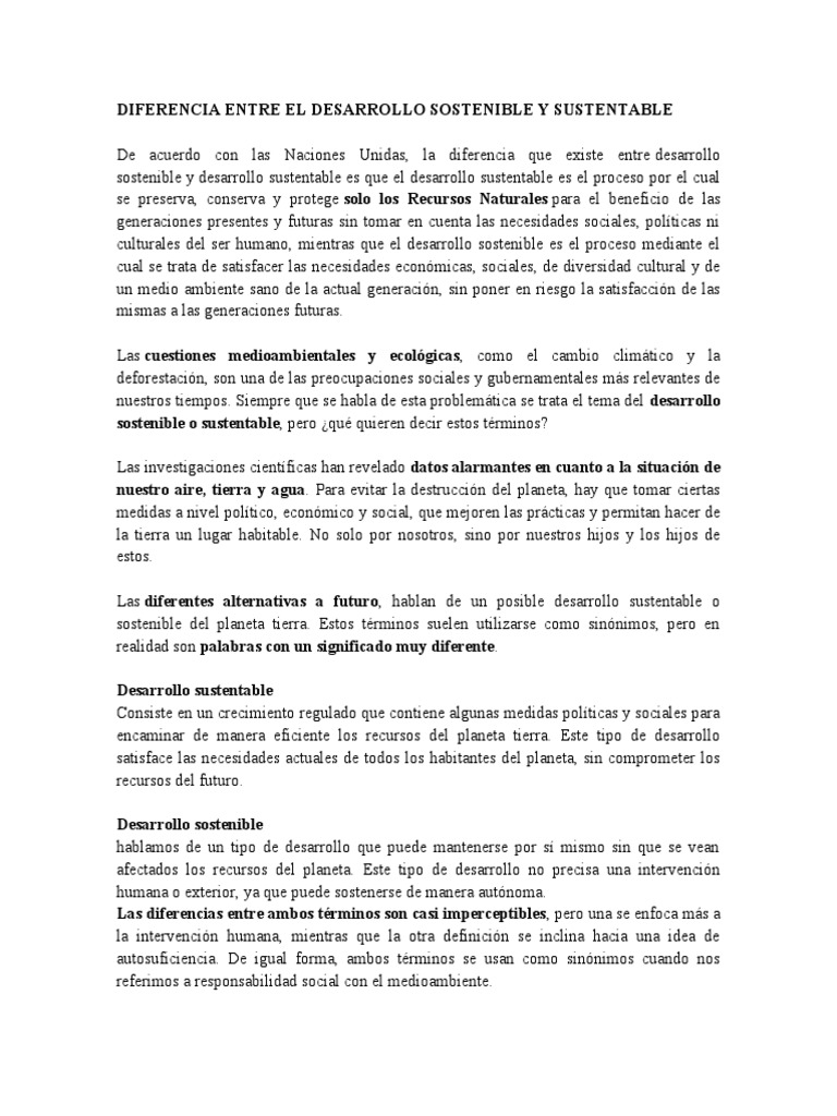 Diferencia Entre El Desarrollo Sostenible y Sustentable | PDF | Desarrollo sostenible ...