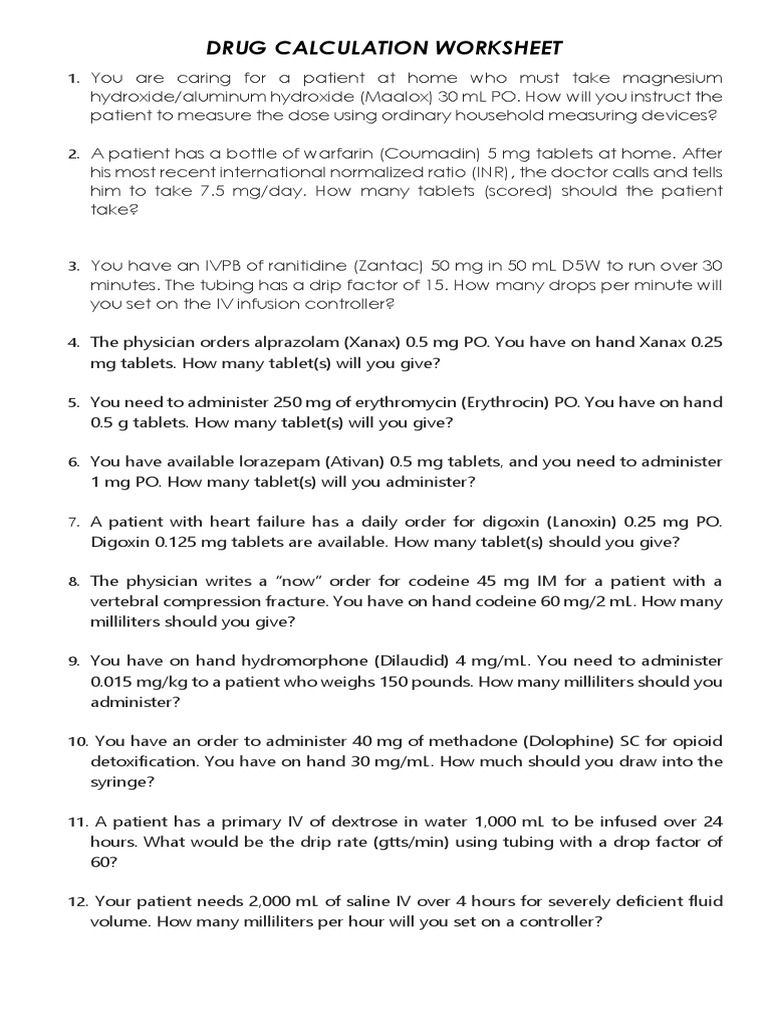 Drug Calculation Worksheet | PDF | Dose (Biochemistry) | Chemistry