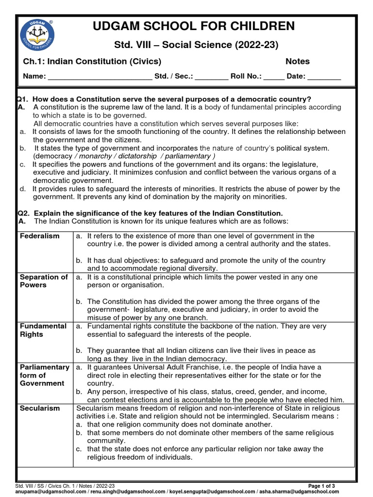 Std. VIII Ch. 1 The Indian Constitution Notes (22-23) | PDF | Democracy ...