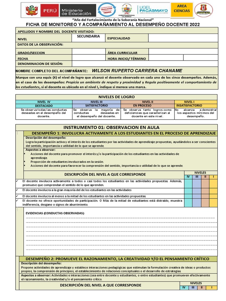 Ficha de Monitoreo y Acompañamiento Al Desempeño Docente 2022 | PDF