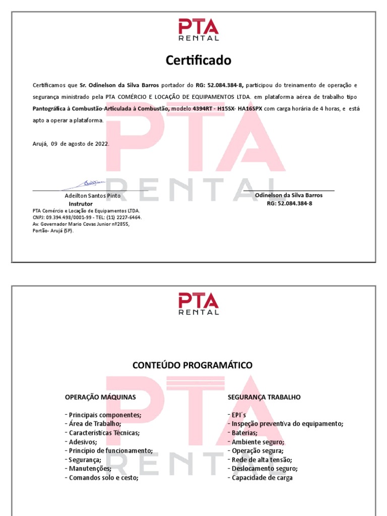 Certificado de Treinamento Pta | PDF