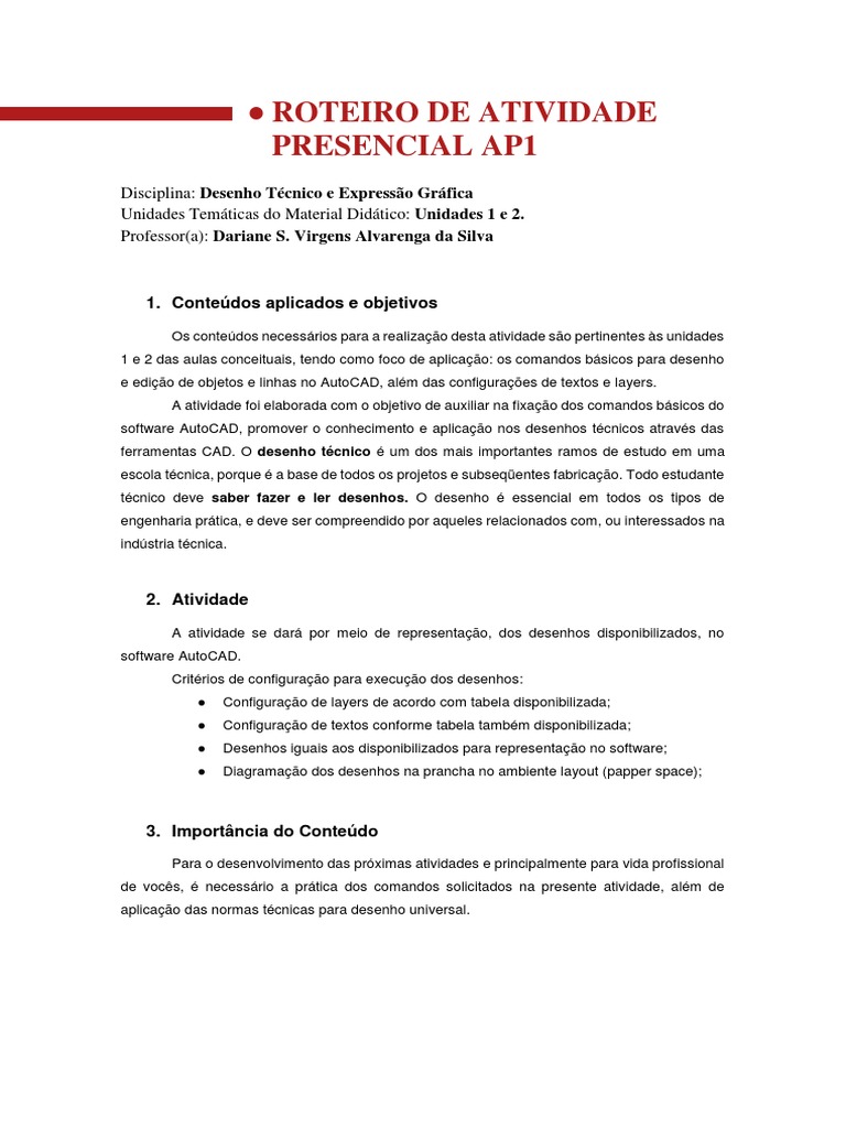 Roteiro Da Atividade Presencial AP1 - Desenho Técnico e Expressão Gráfica | PDF | Auto Cad ...