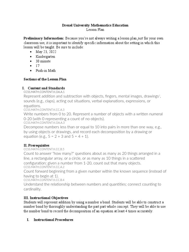 Math Lesson Plan - Number Bonds | PDF | Concept | Numbers