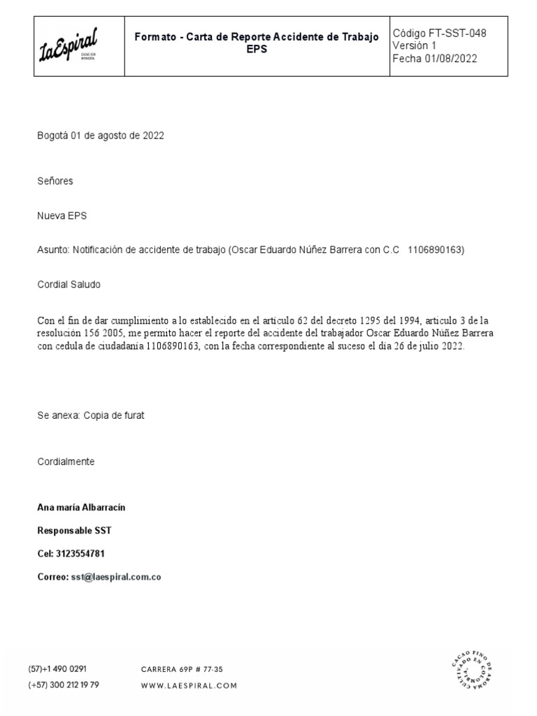 Formato - Carta de Reporte Accidente de Trabajo EPS | PDF