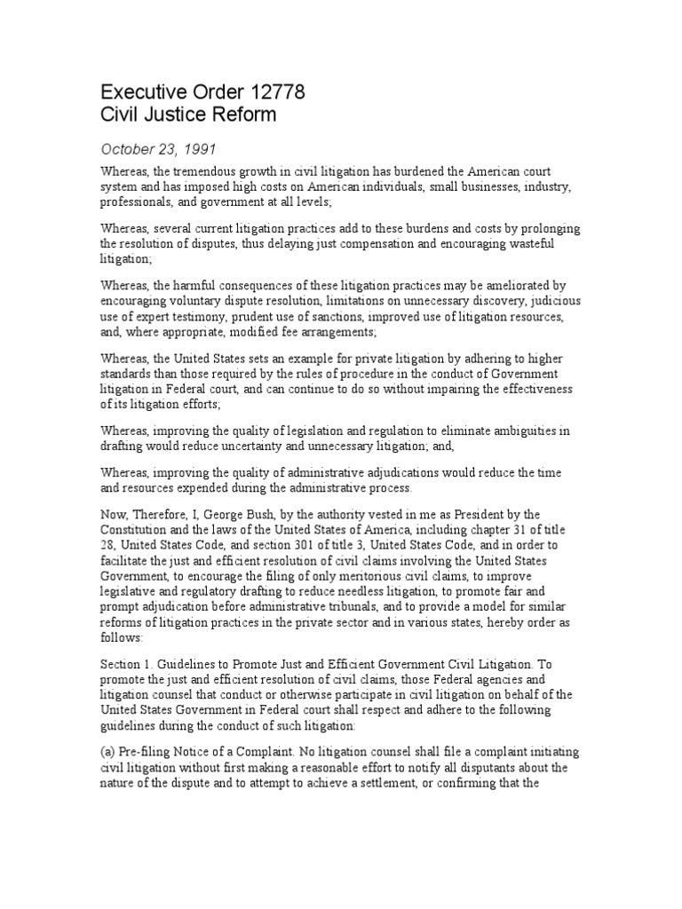 Executive Order 12778 Civil Justice Reform: October 23, 1991 | PDF ...
