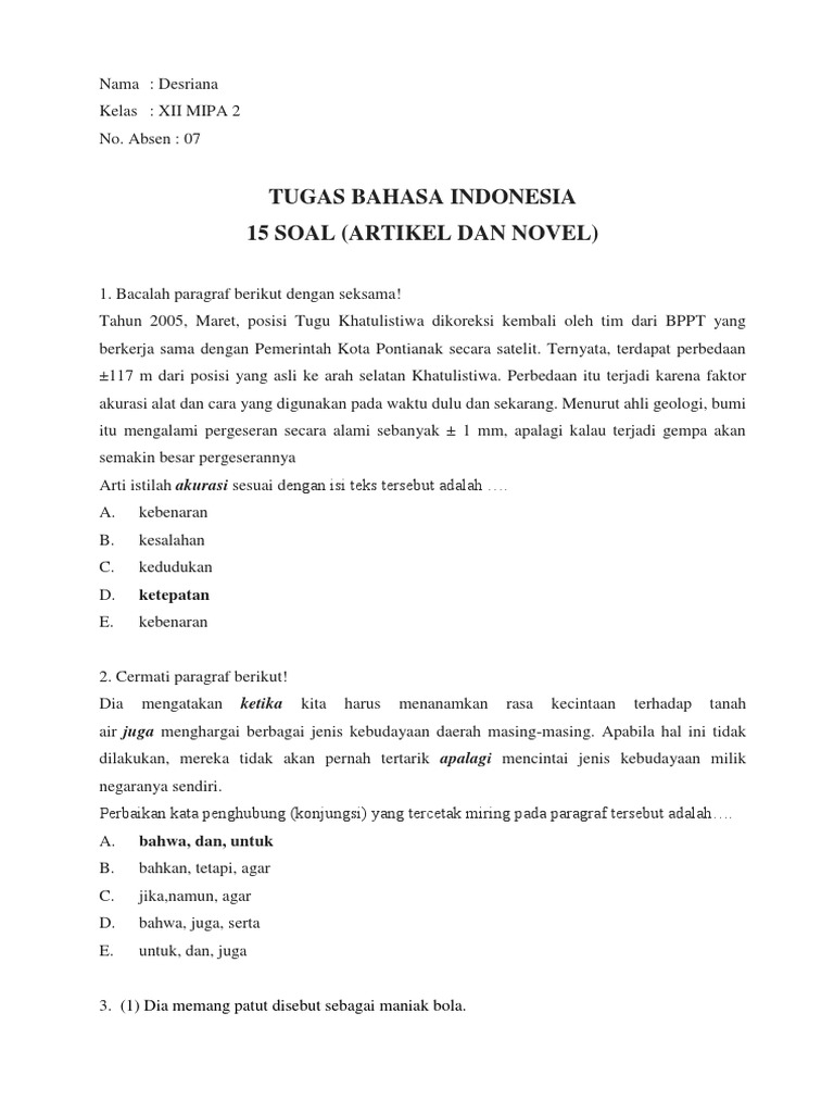 Desriana Tugas Bahasa Indonesia 15 Soal | PDF | Seni & Disiplin Bahasa | Puisi