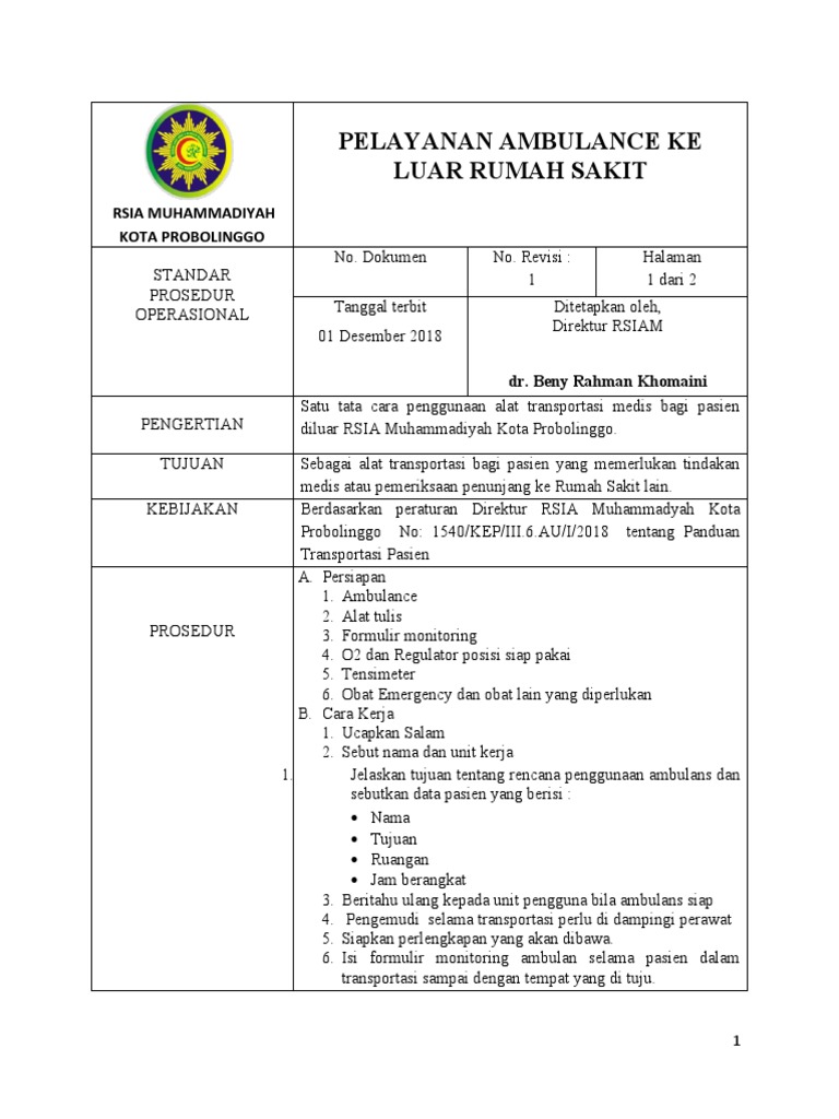 SPO Pelayanan Ambulance Ke Luar RS | PDF