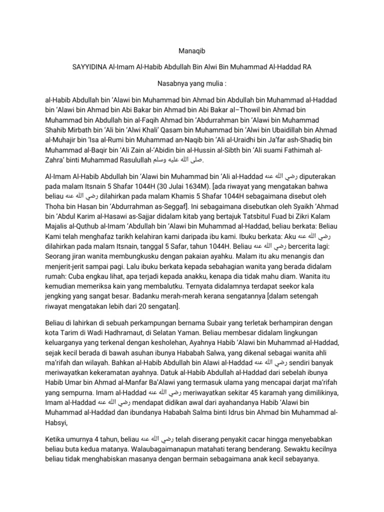 Manaqib Habib Abdullah Al Haddad | PDF