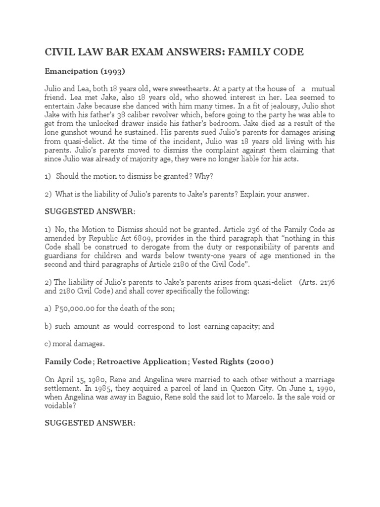 Civil Law Bar Exam Answers | PDF | Annulment | Marriage