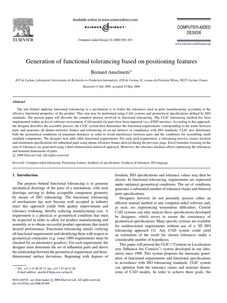 Generation of Functional Tolerancing Based On Positioning Features | PDF