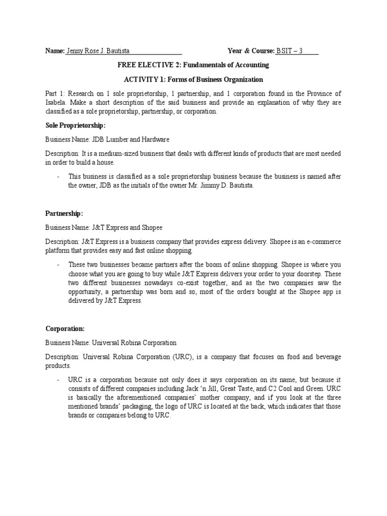 ACTIVITY 1 Forms of Business Organization | PDF