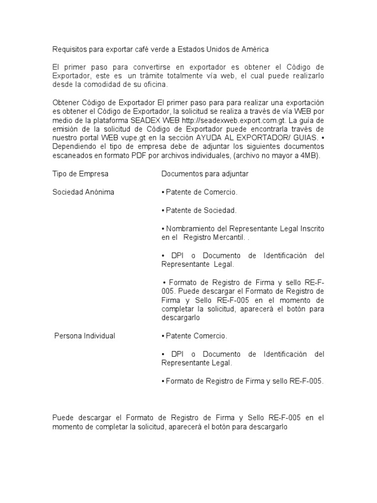 Requisitos para Exportar Café Verde A | PDF