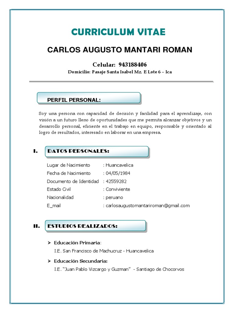 Curriculum Vitae Carlos Augusto Mantari Roman | PDF