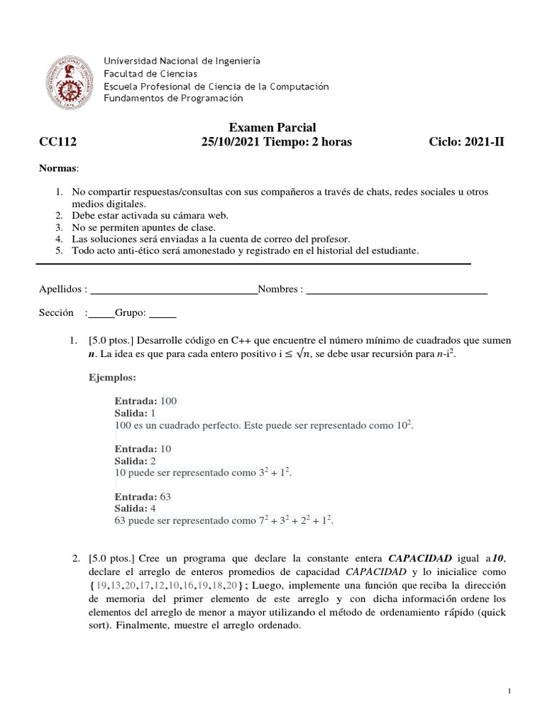 CC112 Examen Parcial 2021-2 | PDF | Poco | Estructura de datos de matriz