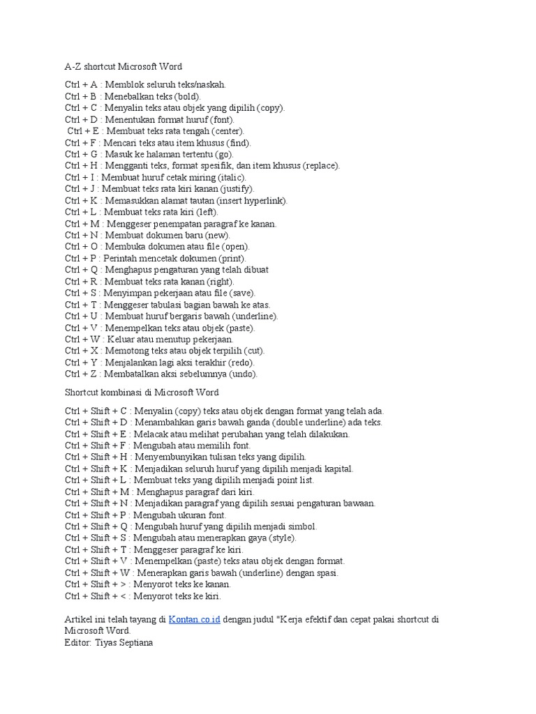 Daftar Shortcut Microsoft Word A-Z | PDF