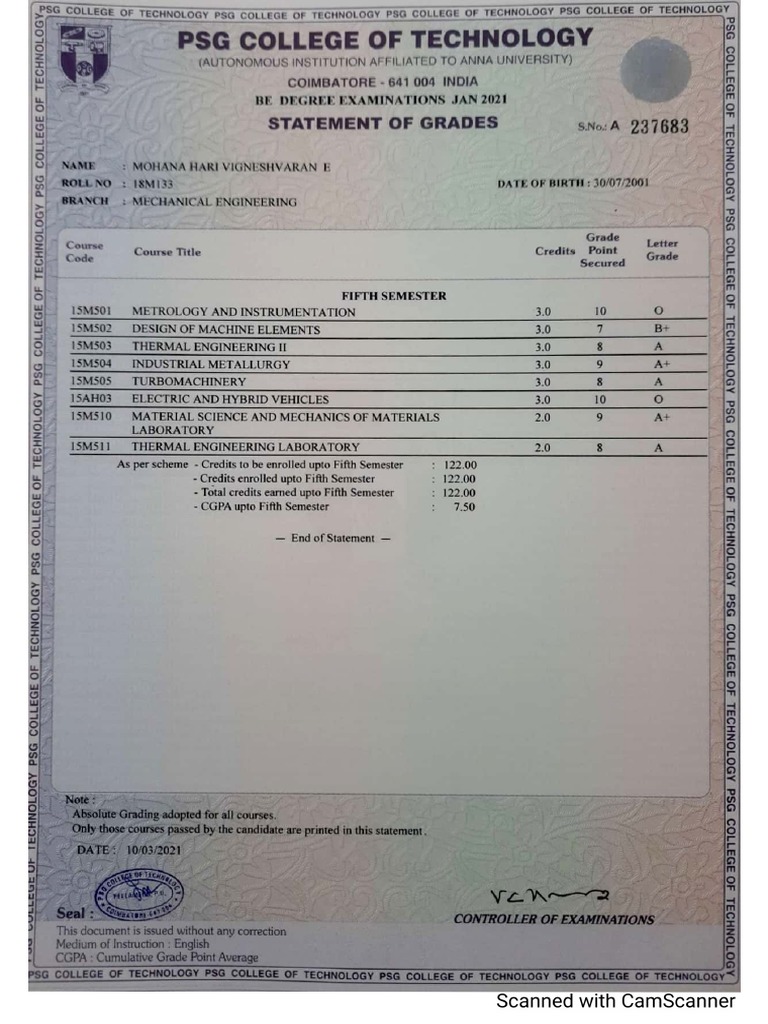 5th Sem Marksheet | PDF