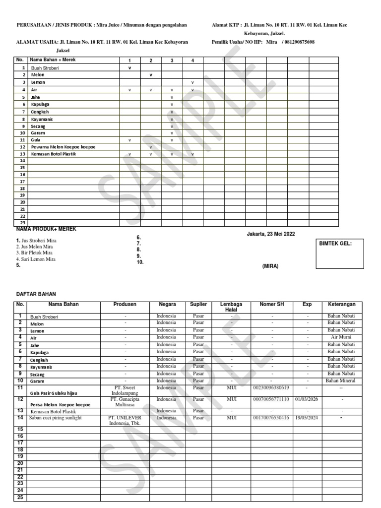 Contoh Daftar Produk Dan Bahan Ikm Mira Juice | PDF